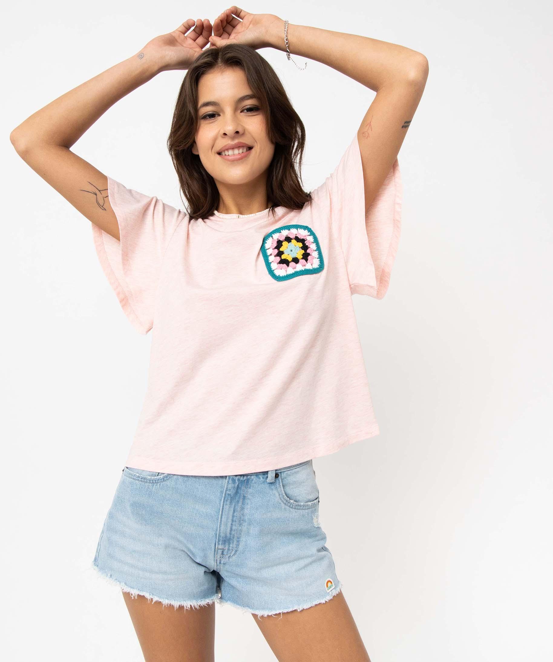 Tee-shirt à manches courtes papillon et poche en crochet fe... rose | GEMO