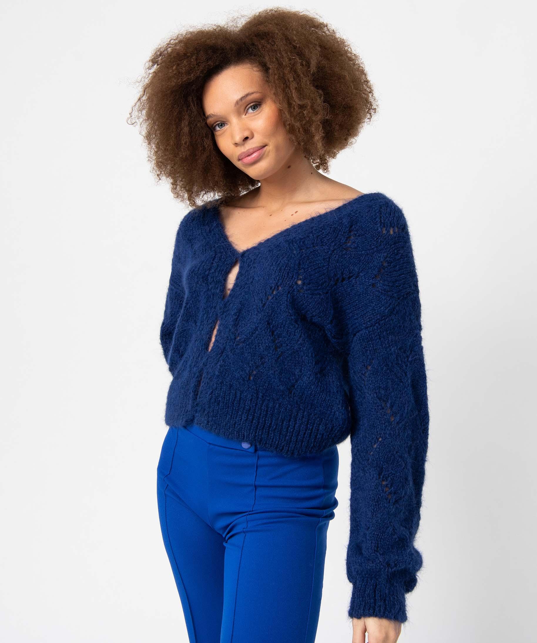 Gilet femme en maille fantaisie ajourée bleu | GEMO