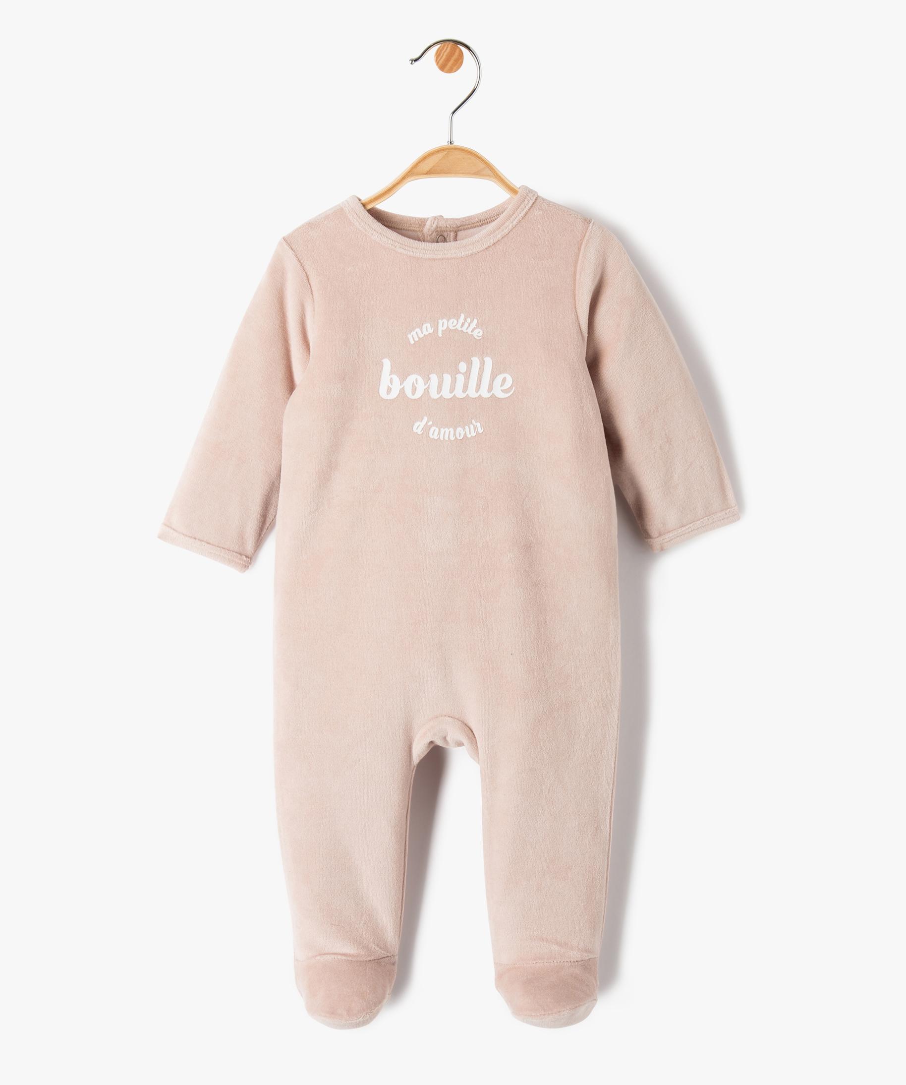 Pyjama bébé fille en velours à message marron clair | GEMO