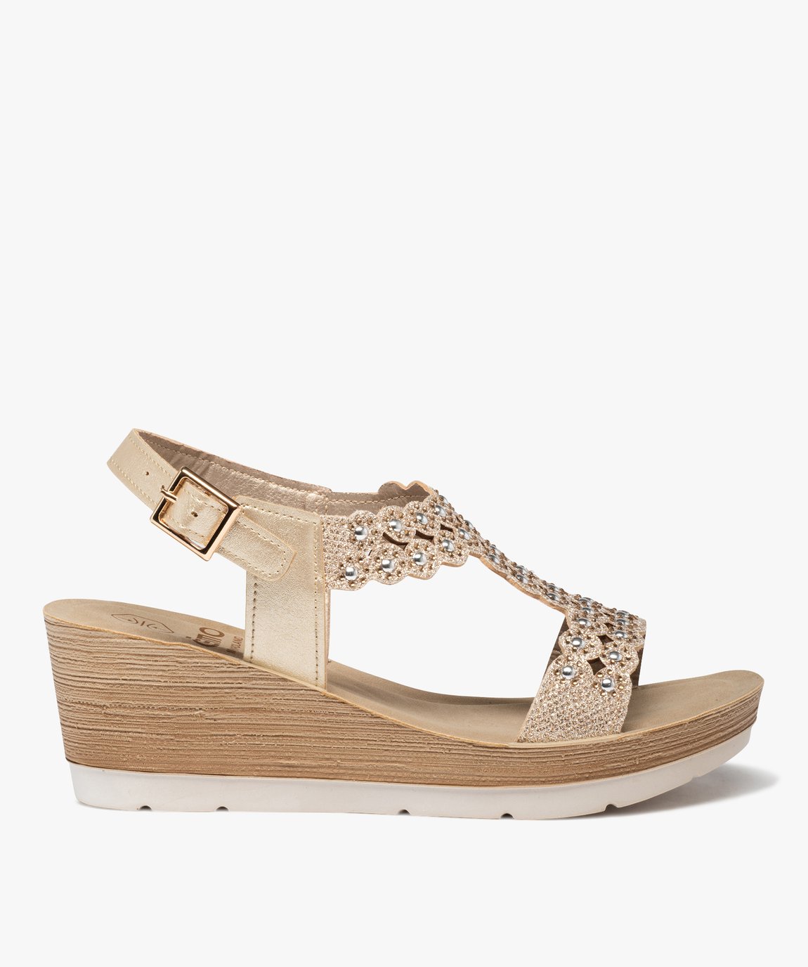 Sandales femme compensées ornées de strass et de perles dore | GEMO