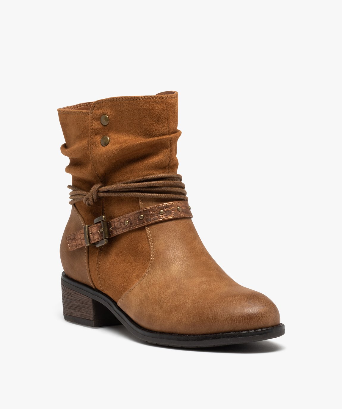 Boots femme dessus uni en suédine avec brides fantaisie marron clair | GEMO