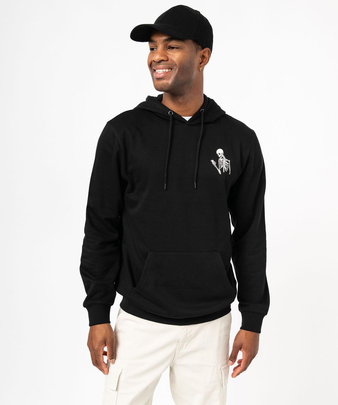 Sweat à capuche en molleton à motif homme noir | GEMO