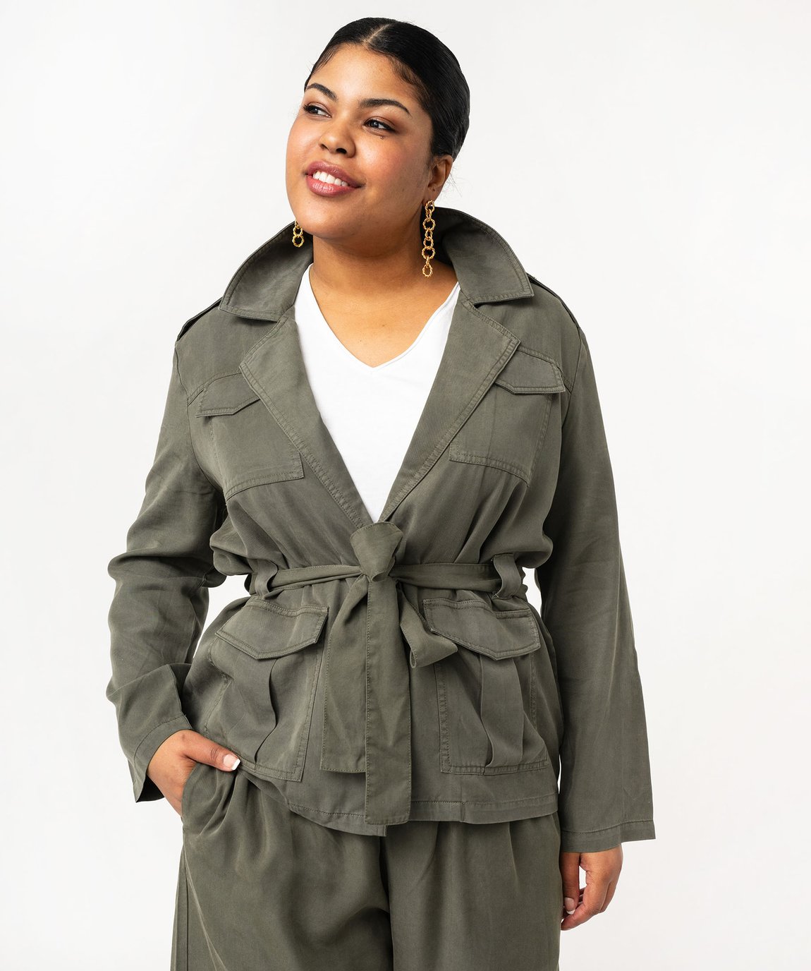 Veste saharienne en Lyocell femme grande taille kaki | GEMO