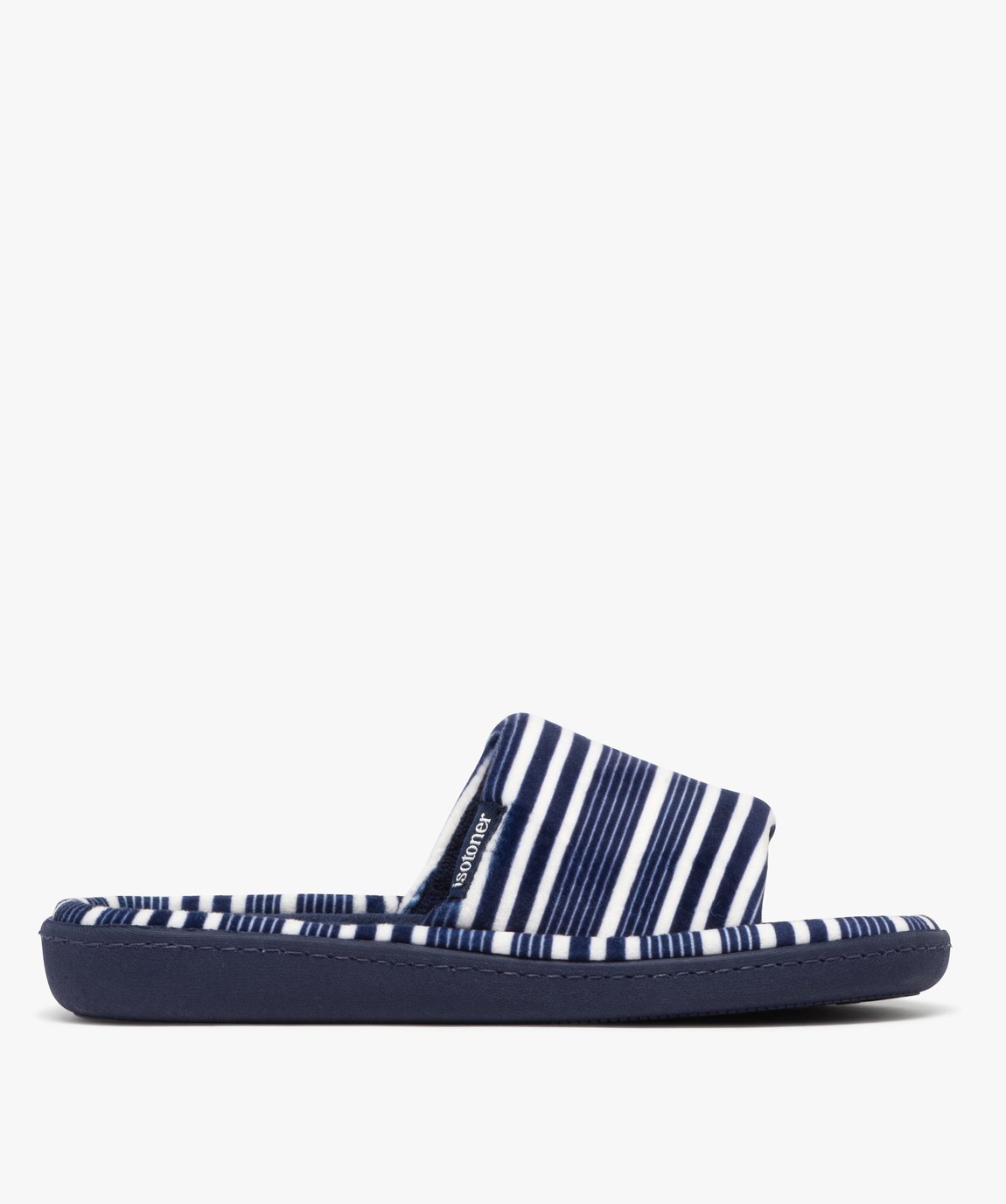 Chaussons femme mules ouvertes en velours rayé - Isotoner bleu | GEMO
