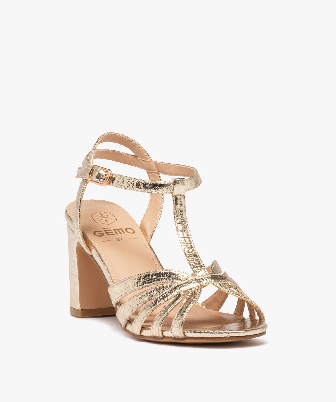 Sandales à talon carré à brides unies métallisées aspec... dore | GEMO