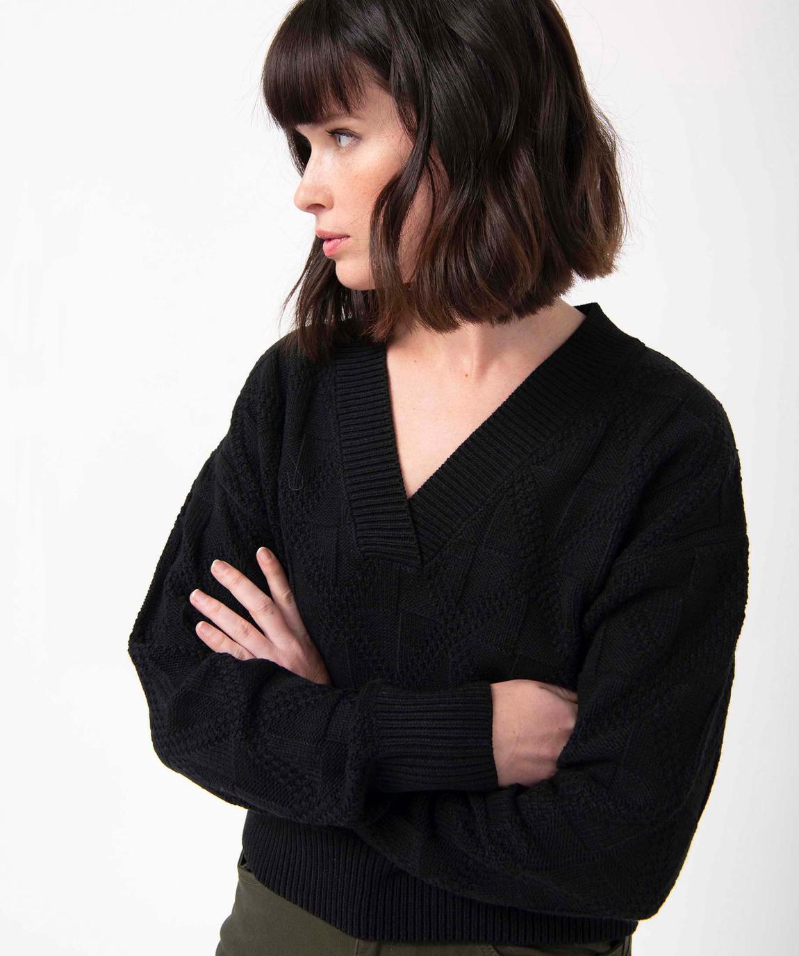 Pull femme court à col V en maille fantaisie noir | GEMO