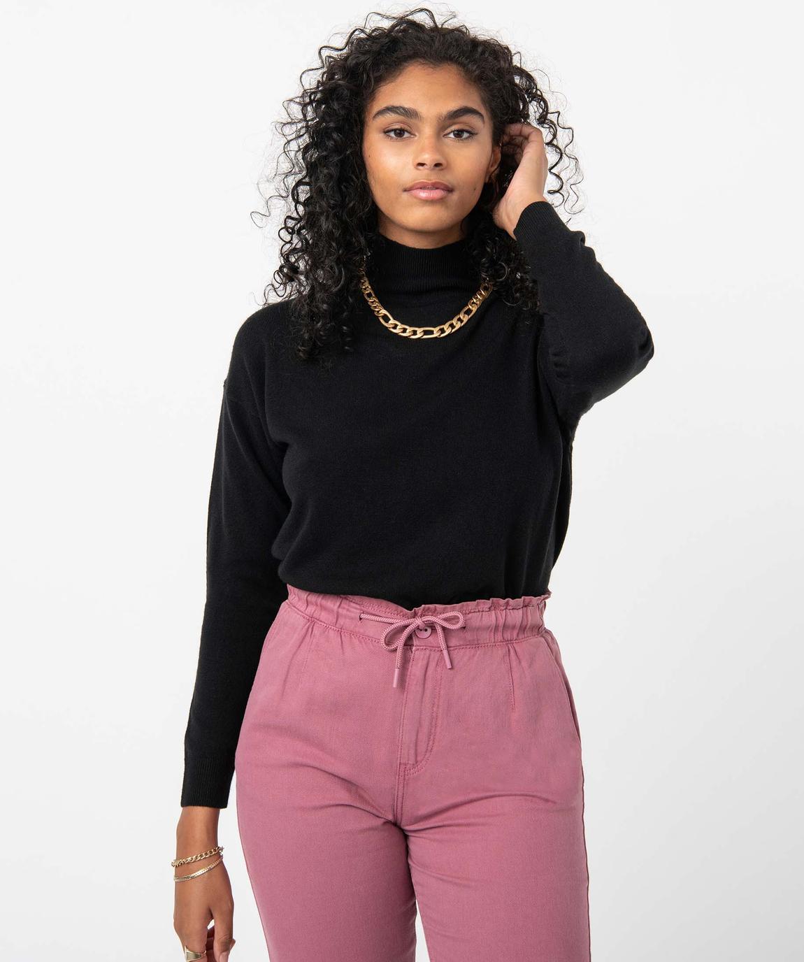 Pull à col montant en maille fine femme noir | GEMO