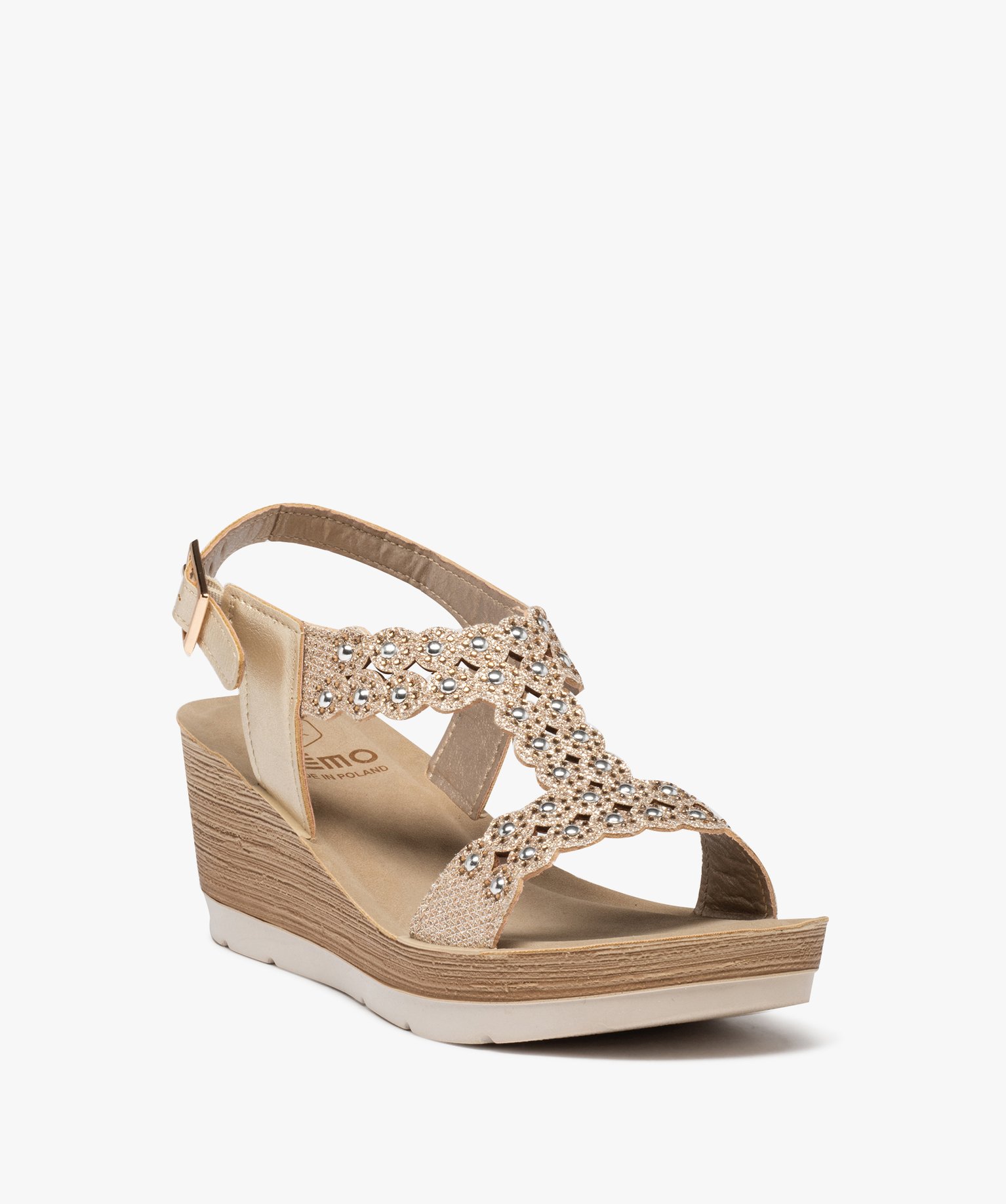 Sandales femme compensées ornées de strass et de perles dore | GEMO