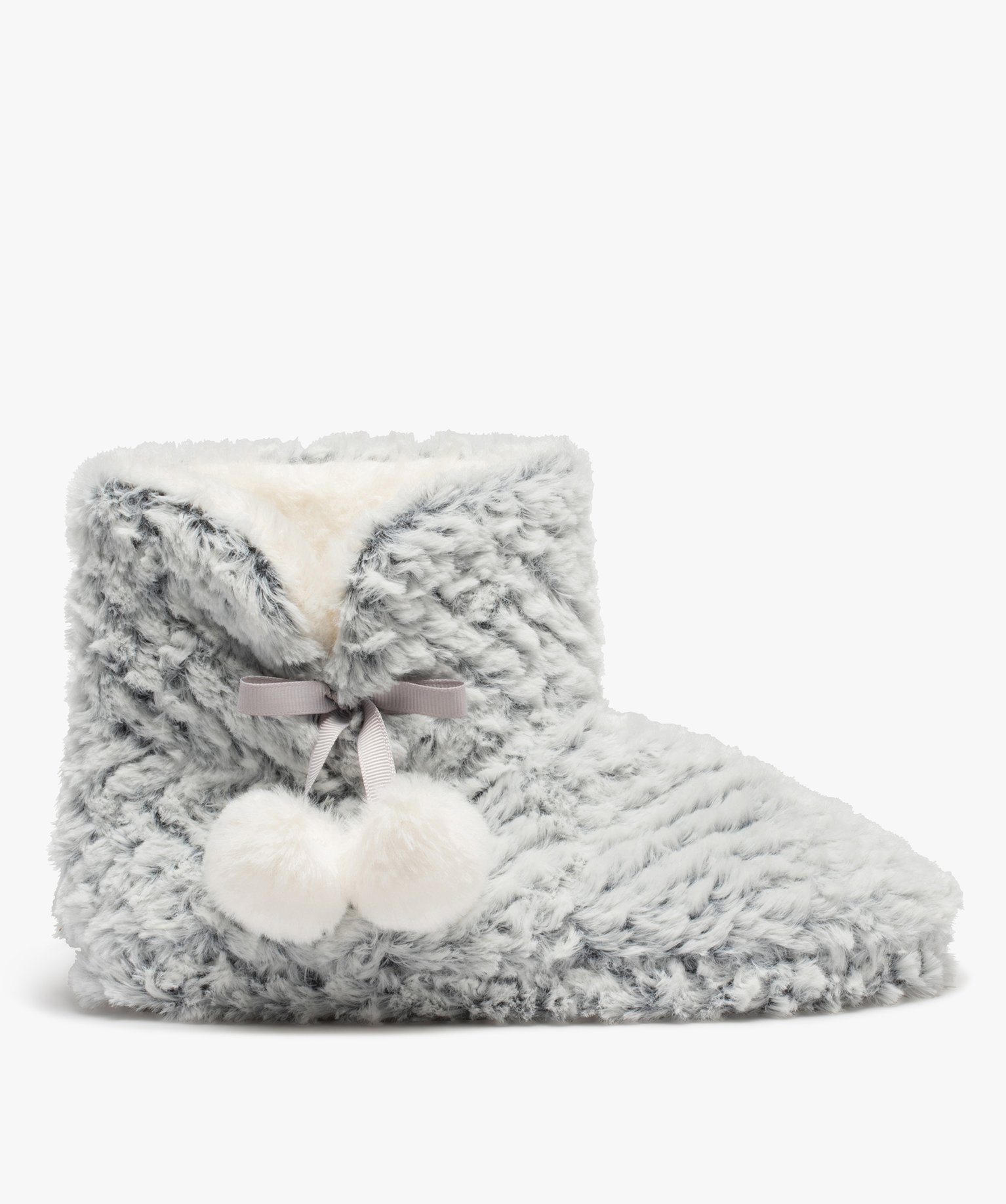Chaussons boots fourrées avec pompons décoratifs femme gris | GEMO