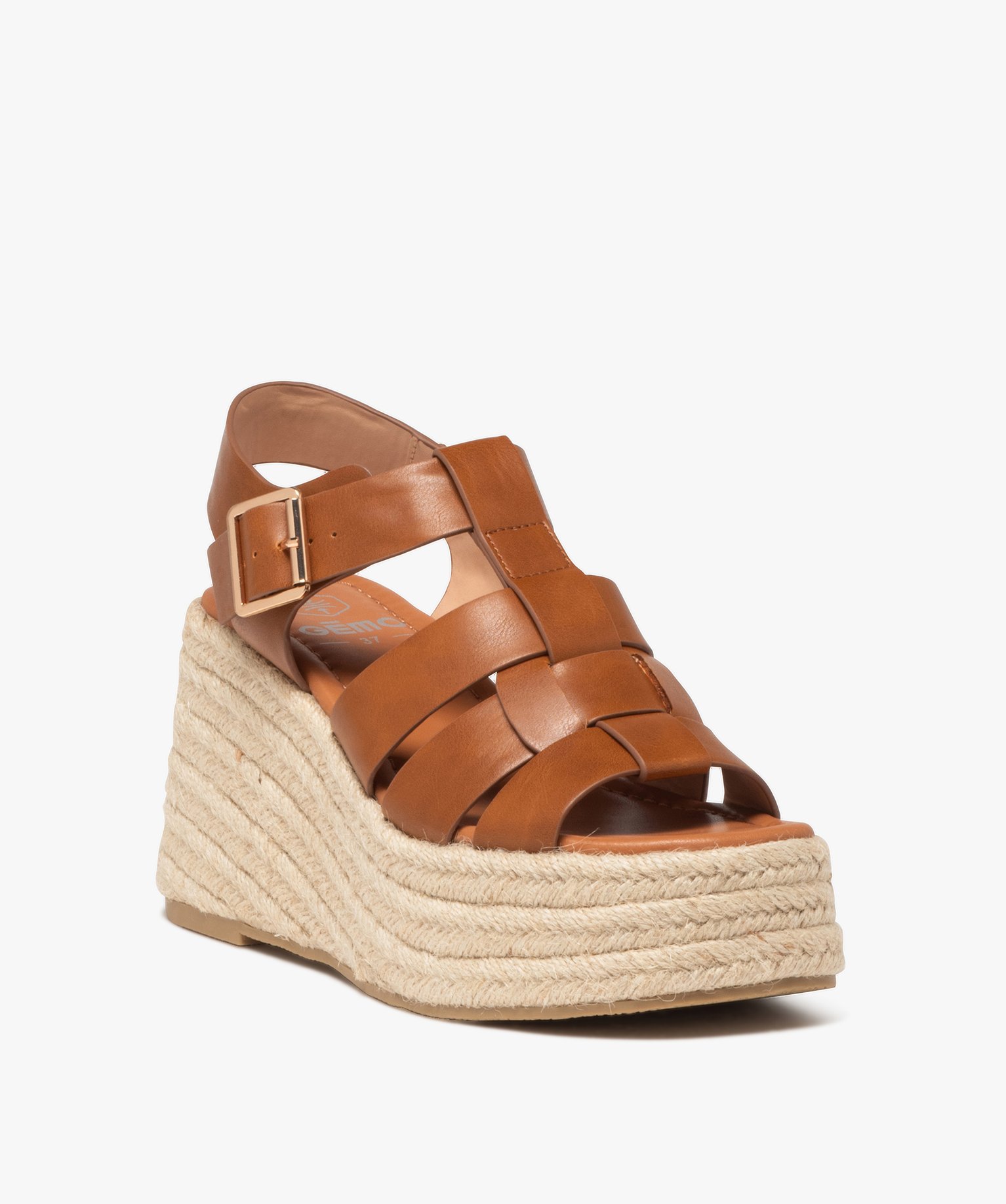 Sandales femme à talon compensé en corde avec brides larges marron | GEMO