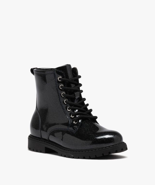 Boots fille vernies à paillettes avec semelle crantée noir | GEMO