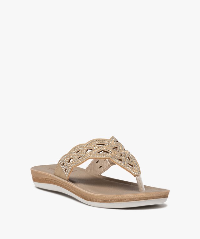Sandales femme à entre-doigts ajouré couvert de strass dore | GEMO