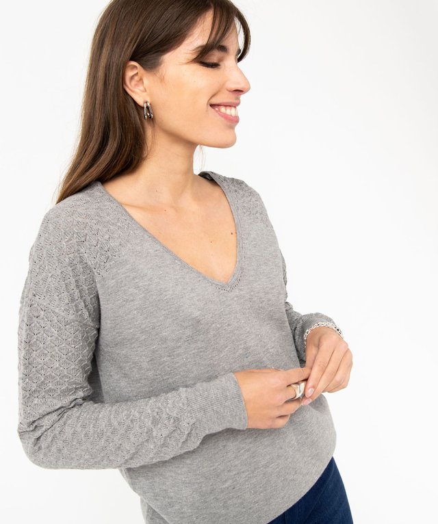 Pull avec double col V et manches fantaisie femme gris | GEMO