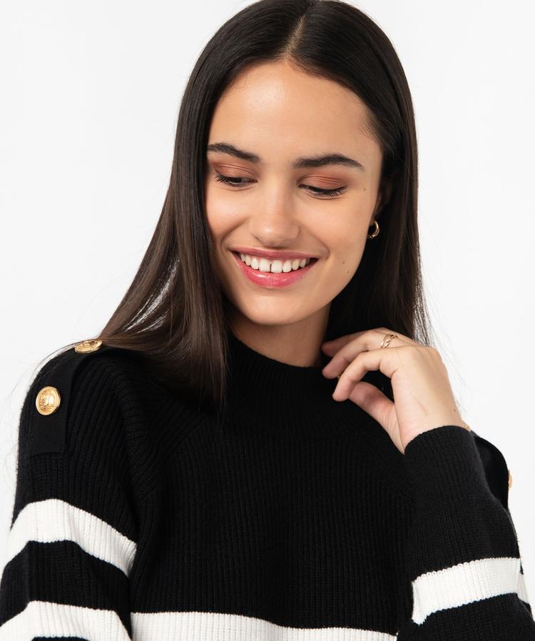 Pull rayé avec boutons sur les épaules femme rayure noir / blanc | GEMO