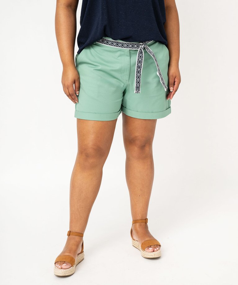 Short en toile avec ceinture tissée femme grande taille vert | GEMO