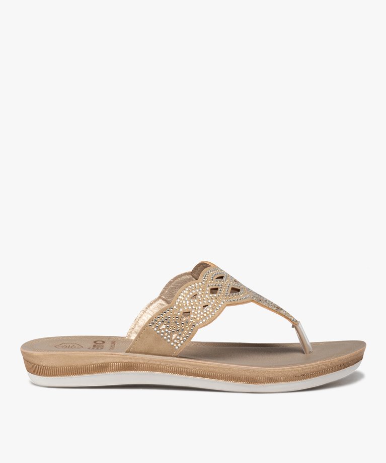 Sandales femme à entre-doigts ajouré couvert de strass dore | GEMO